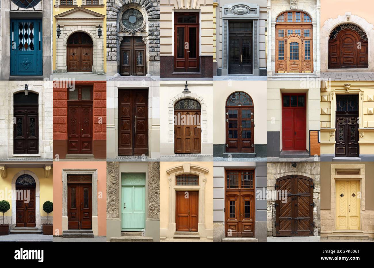 Collage with photos of old buildings with elegant wooden front doors ...