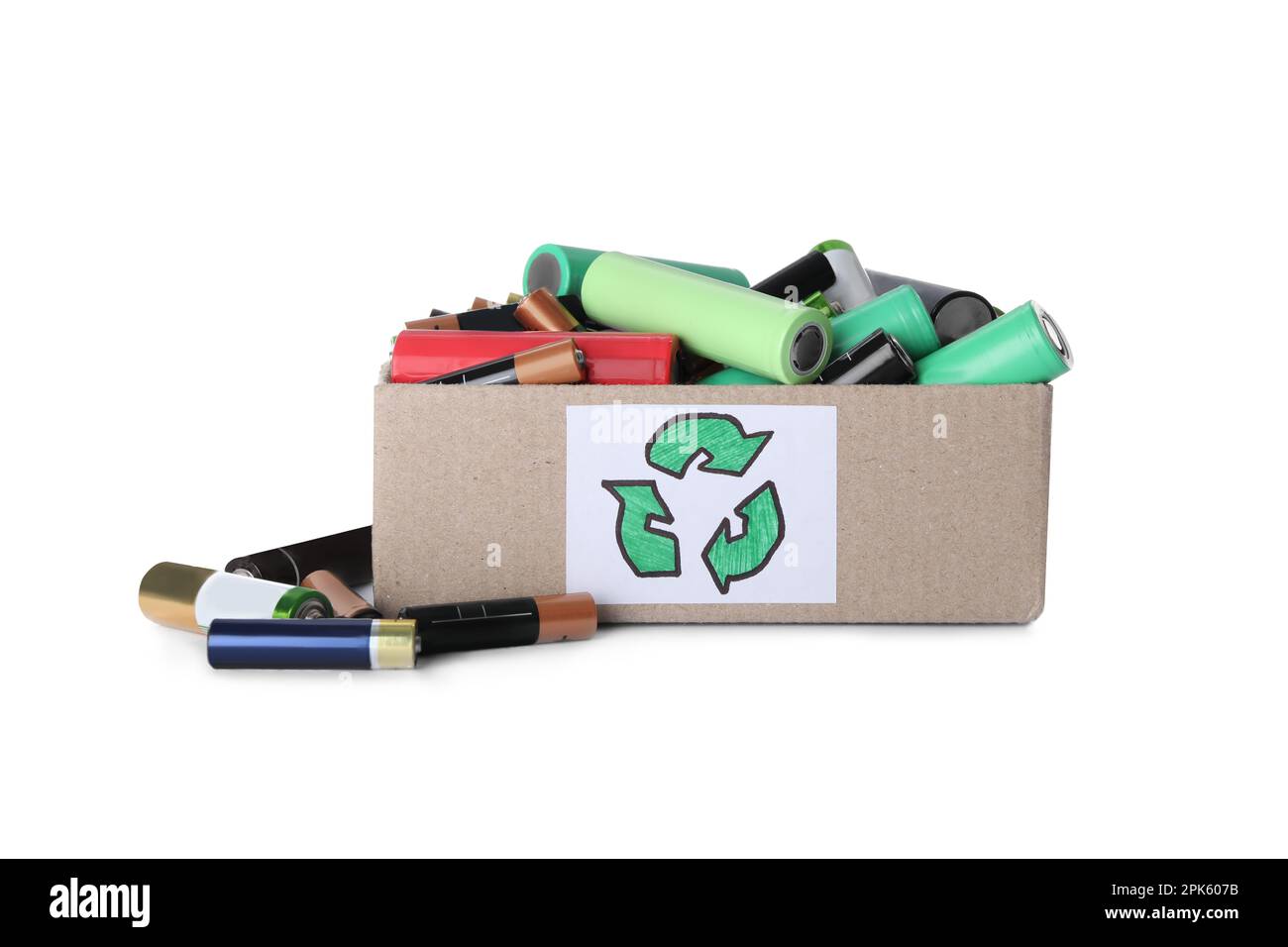 Used electric batteries in cardboard box with recycling symbol on white ...