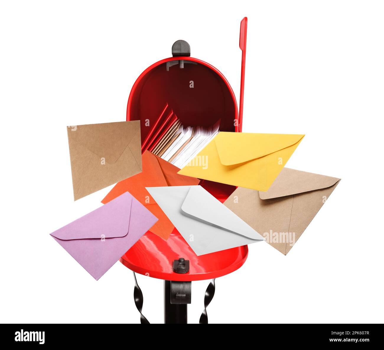 Different color envelopes flying out from red letter box on white ...