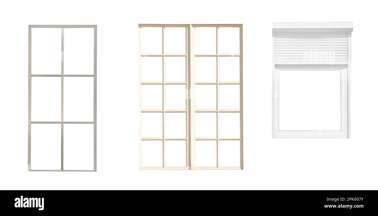 Many different window frames on white background, collage. Banner ...