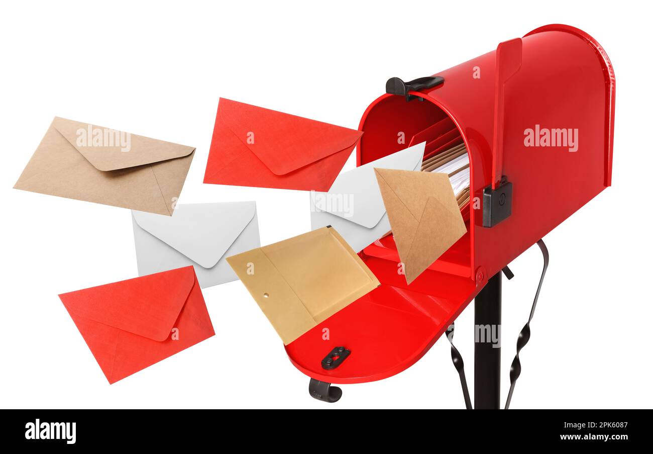 Different color envelopes flying out from red letter box on white ...
