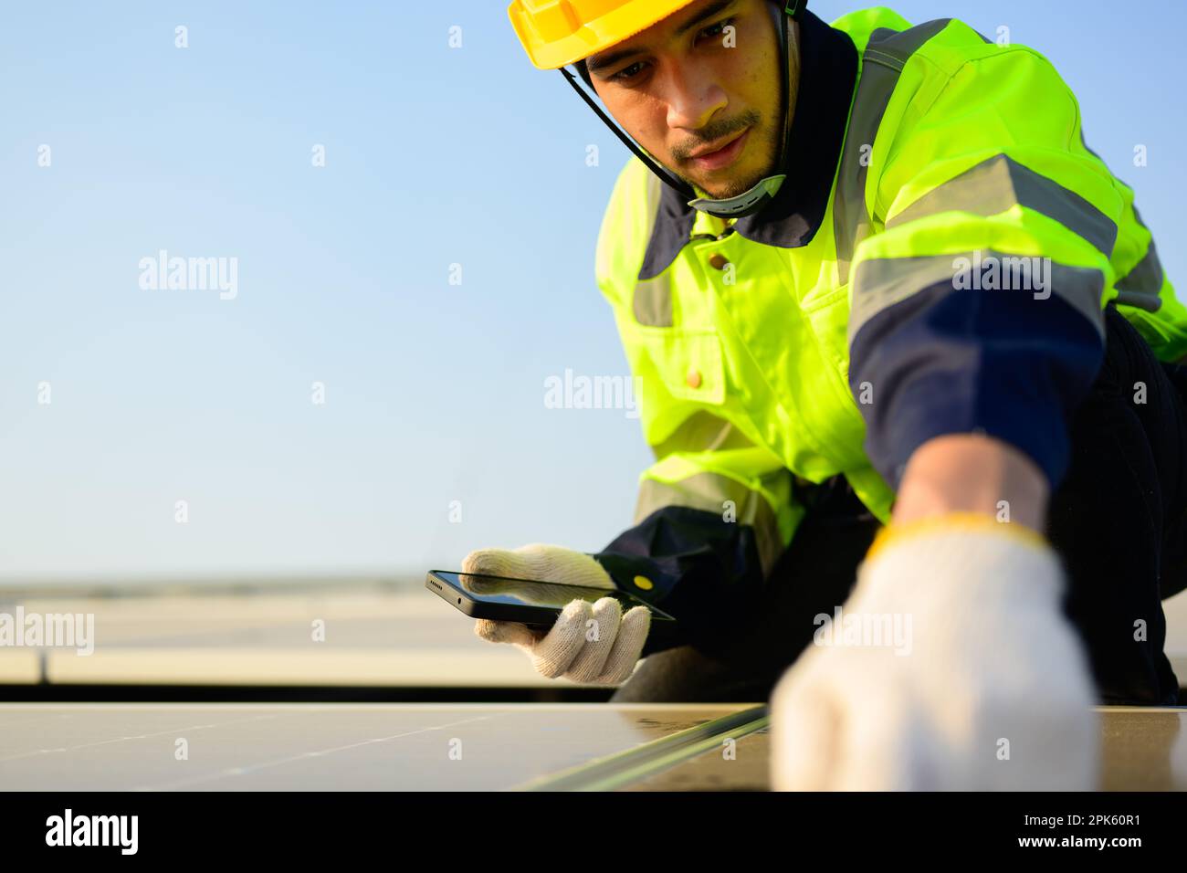 Professional engineer technician with safety helmet checking system ...