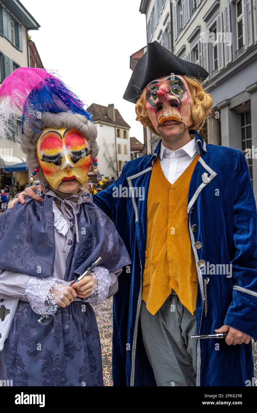French aristocrat couple in Costume at the Basel Fasnacht parade in ...