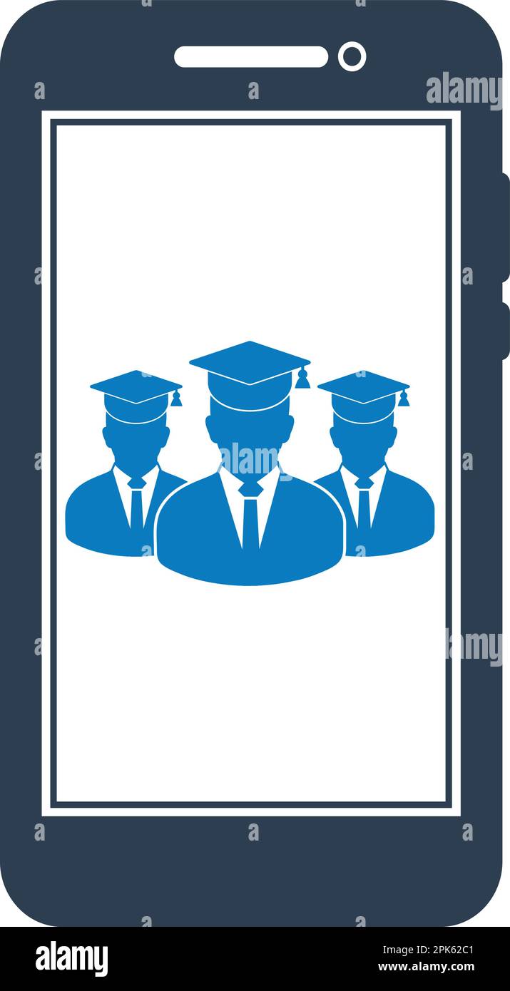 Online Learning Icon with graduate students on Mobile Screen. Flat ...