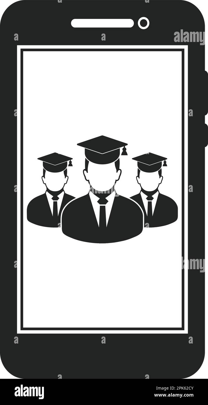 Online Learning Icon with graduate students on Mobile Screen Flat style ...