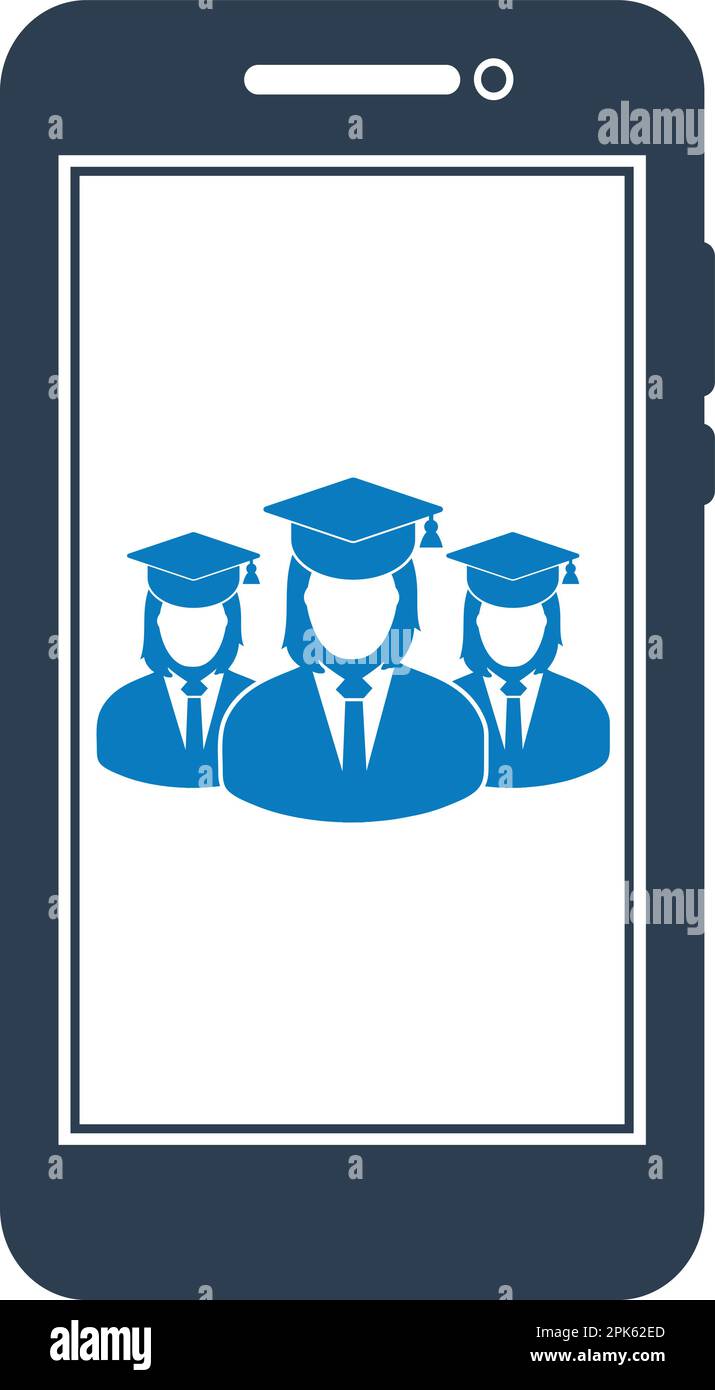 Online Learning Icon with graduate students on Mobile Screen Flat style ...