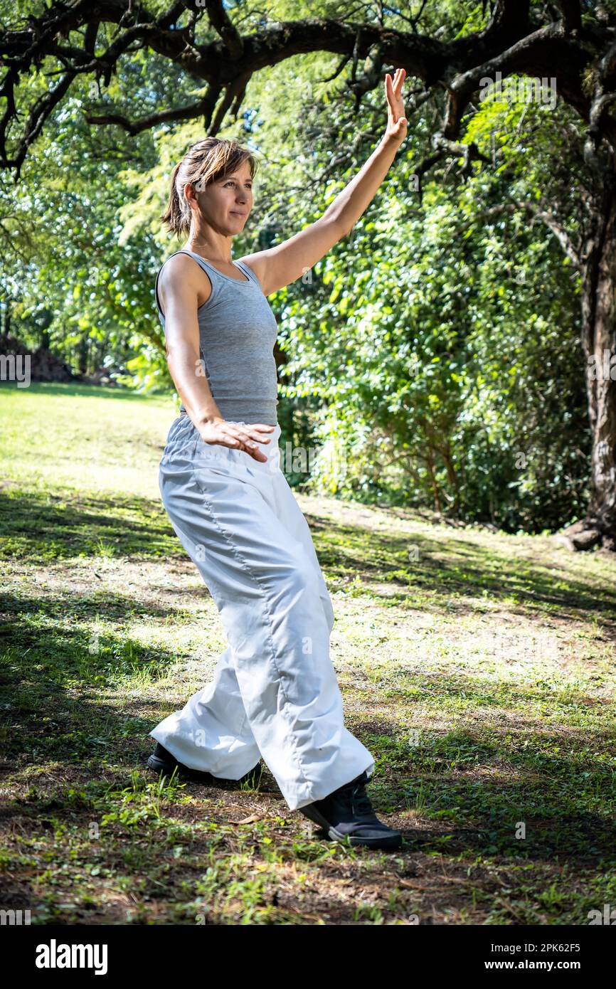 woman practicing tai chi in a park conveys a sense of tranquility and ...