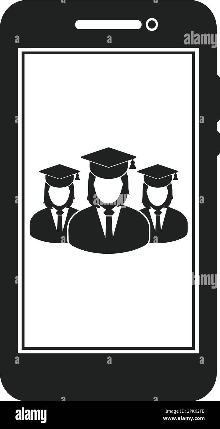 Online Learning Icon with graduate students on Mobile Screen. Flat ...
