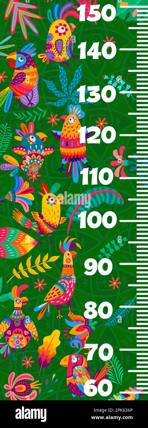Kids height chart ruler. Cartoon brazilian and mexican parrots in ...