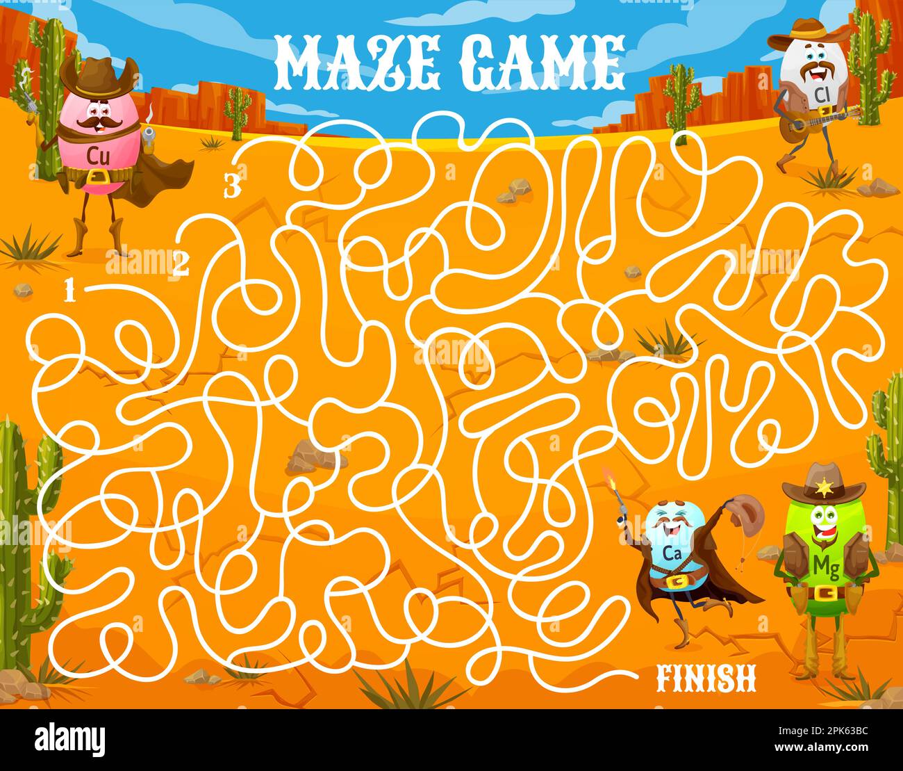 Labyrinth maze. Wild West cartoon cowboy, sheriff, bandit and robber ...