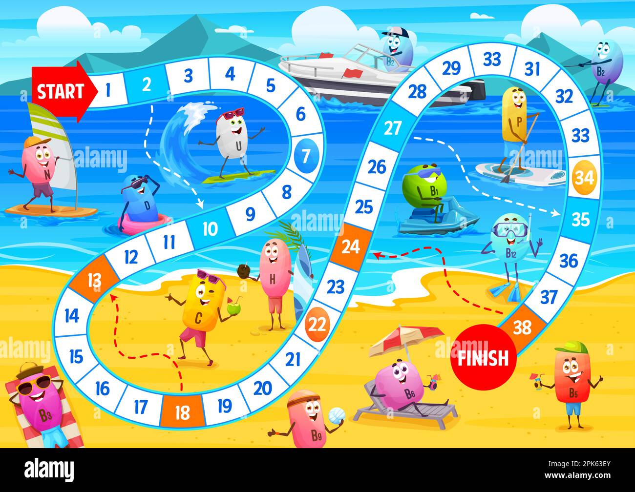 Kids step board game. Cartoon vitamin characters on summer beach ...