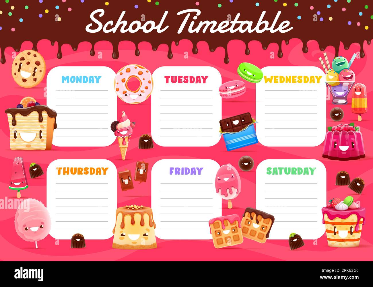 Timetable schedule cartoon ice cream, sweets and dessert characters ...
