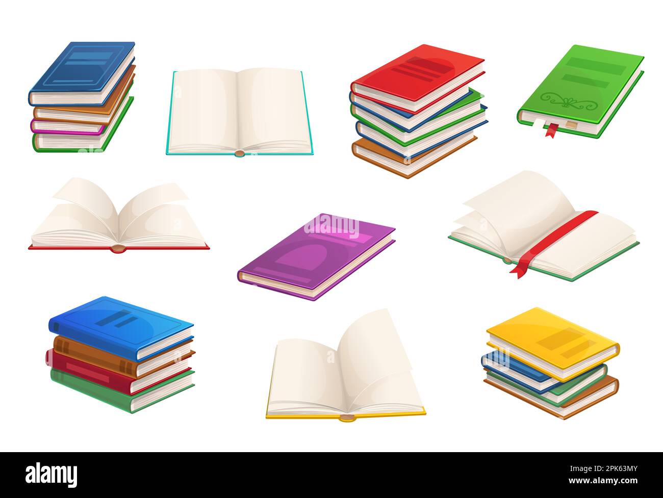 Cartoon books, textbooks and bestsellers, opened books in stacks ...