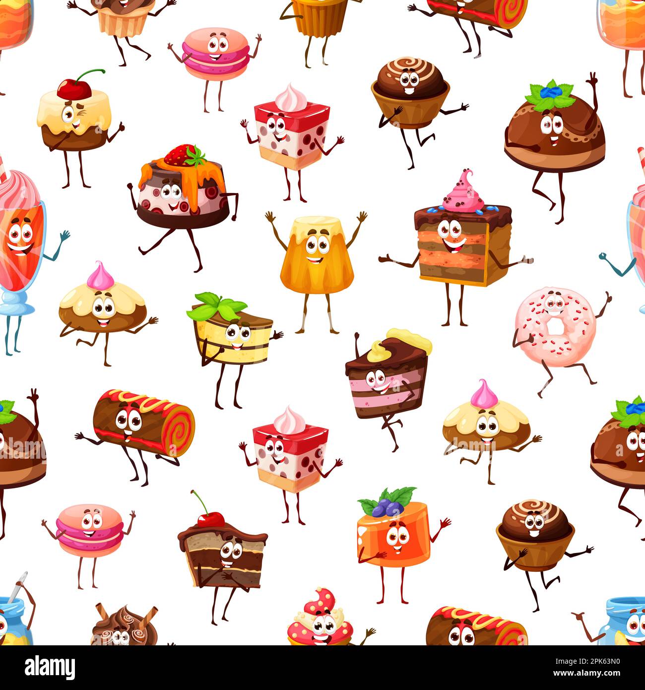 Cartoon cake, cupcake, jelly and cheesecake characters seamless pattern ...