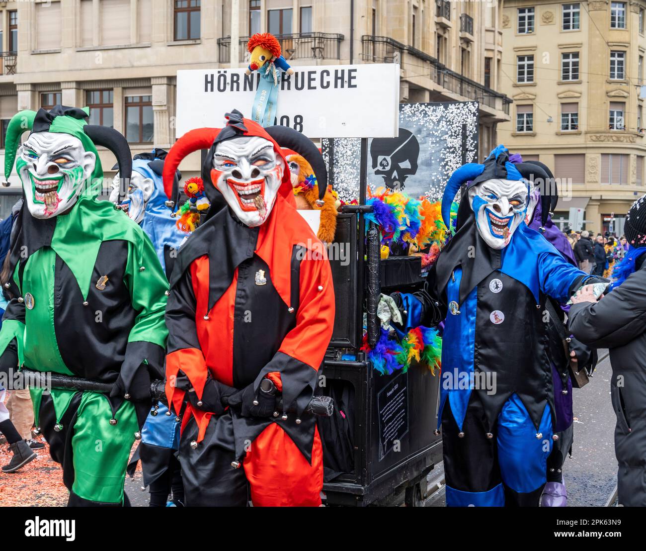 scary jester Costume at the Basel Fasnacht parade in Switzerland Stock ...
