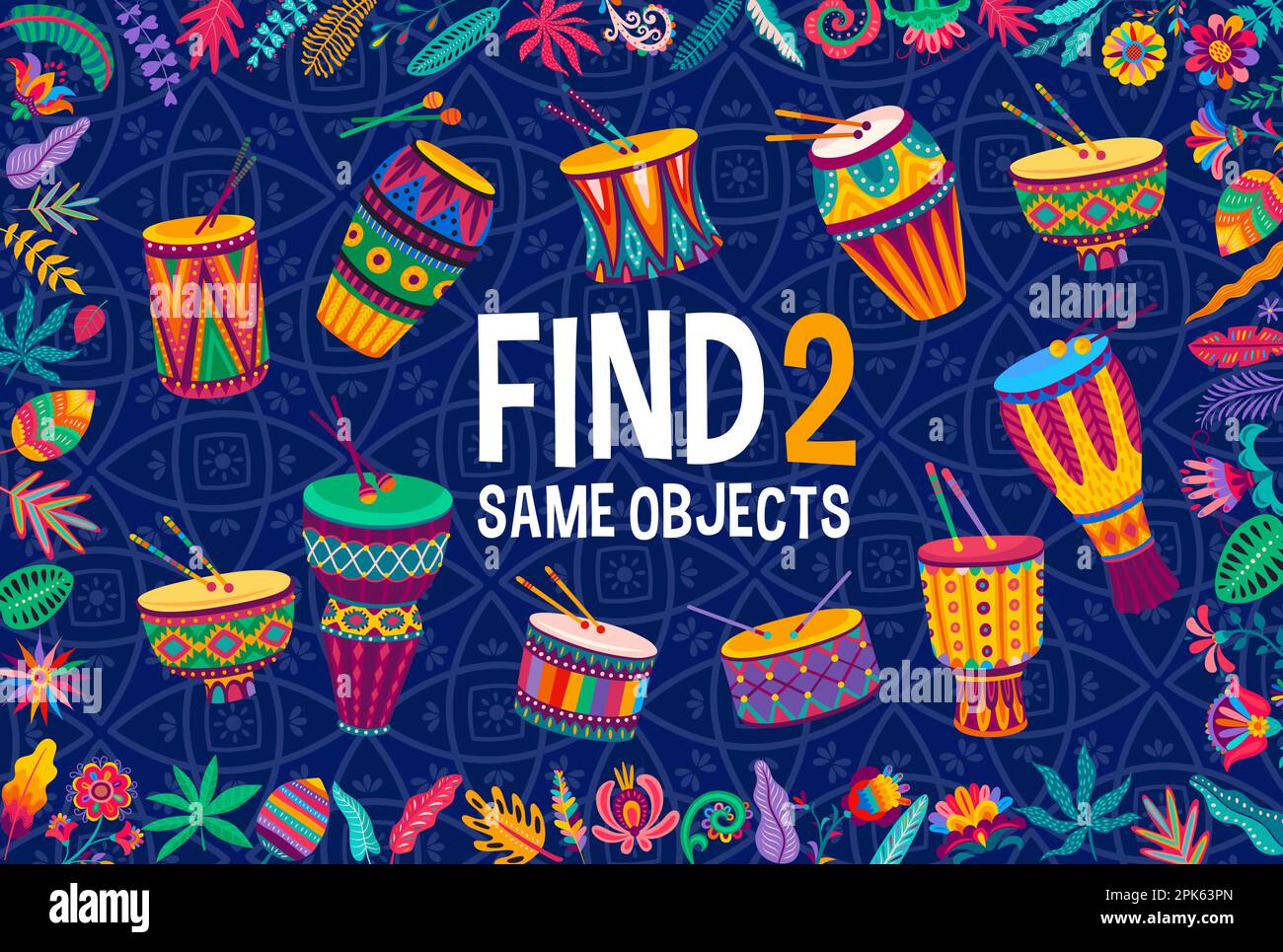 Find two same Brazilian or African drums, kids game worksheet, vector ...