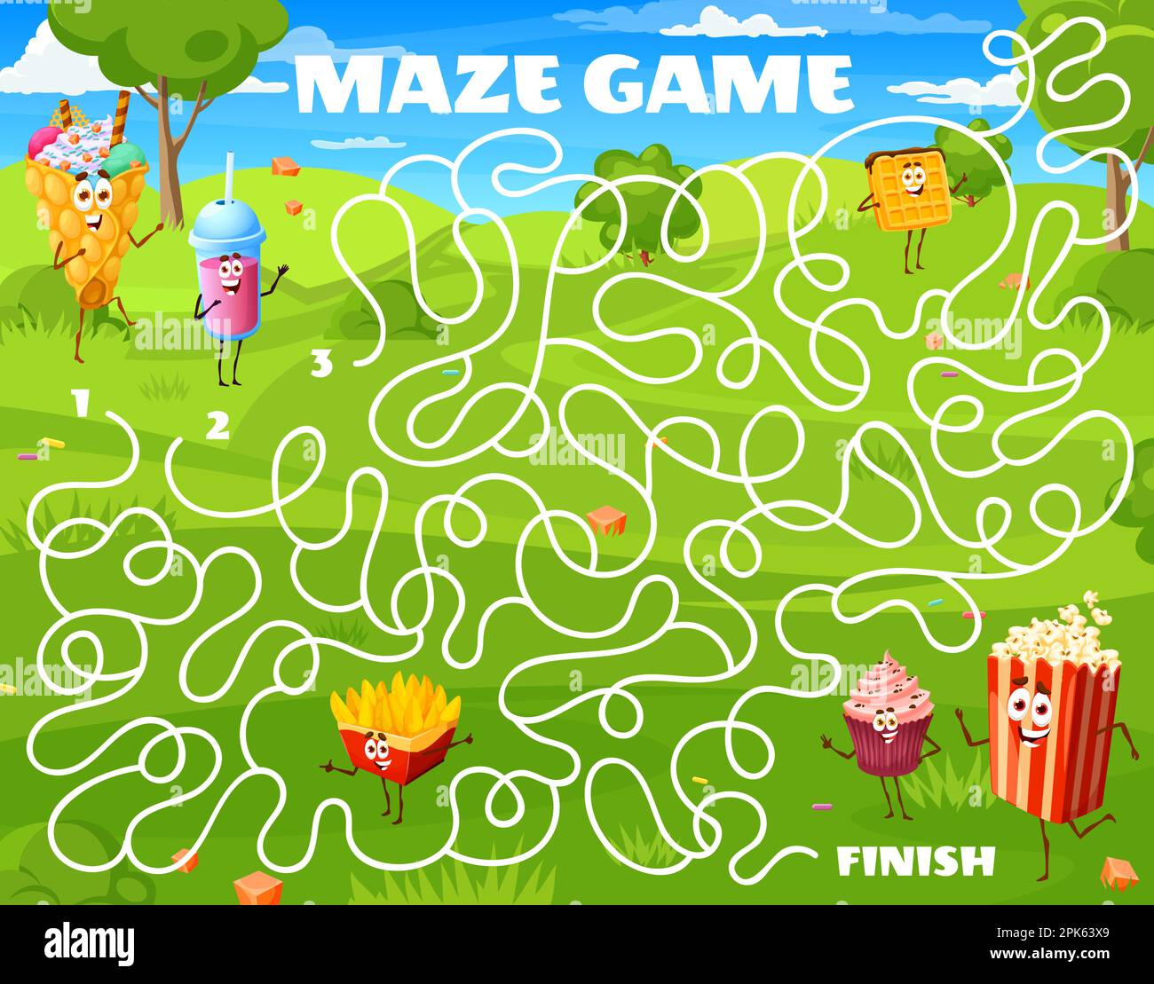 Labyrinth kids maze, cartoon fast food and desserts characters, vector ...