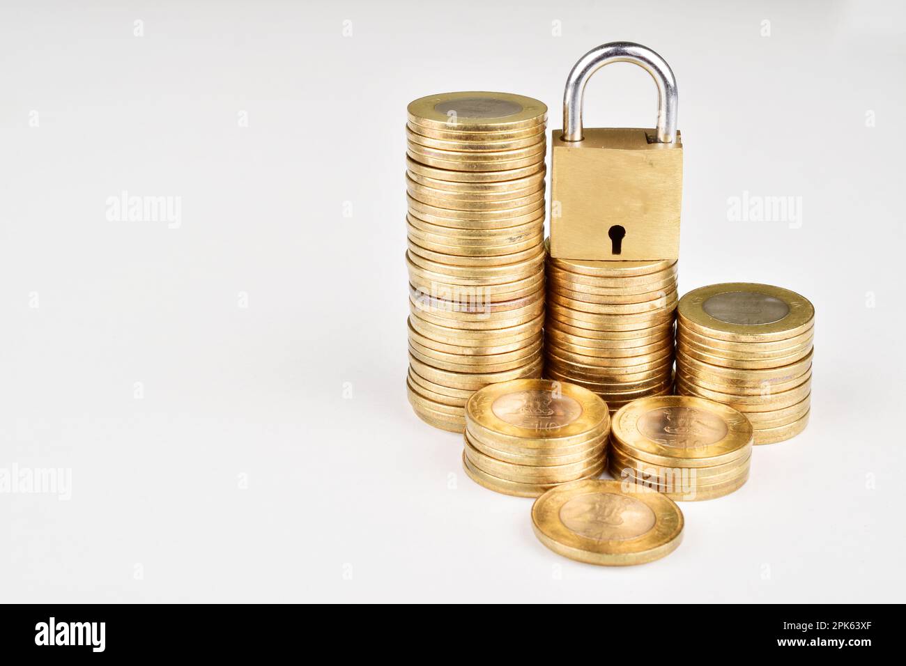 Money safety and security concept, coin lock isolated on white ...