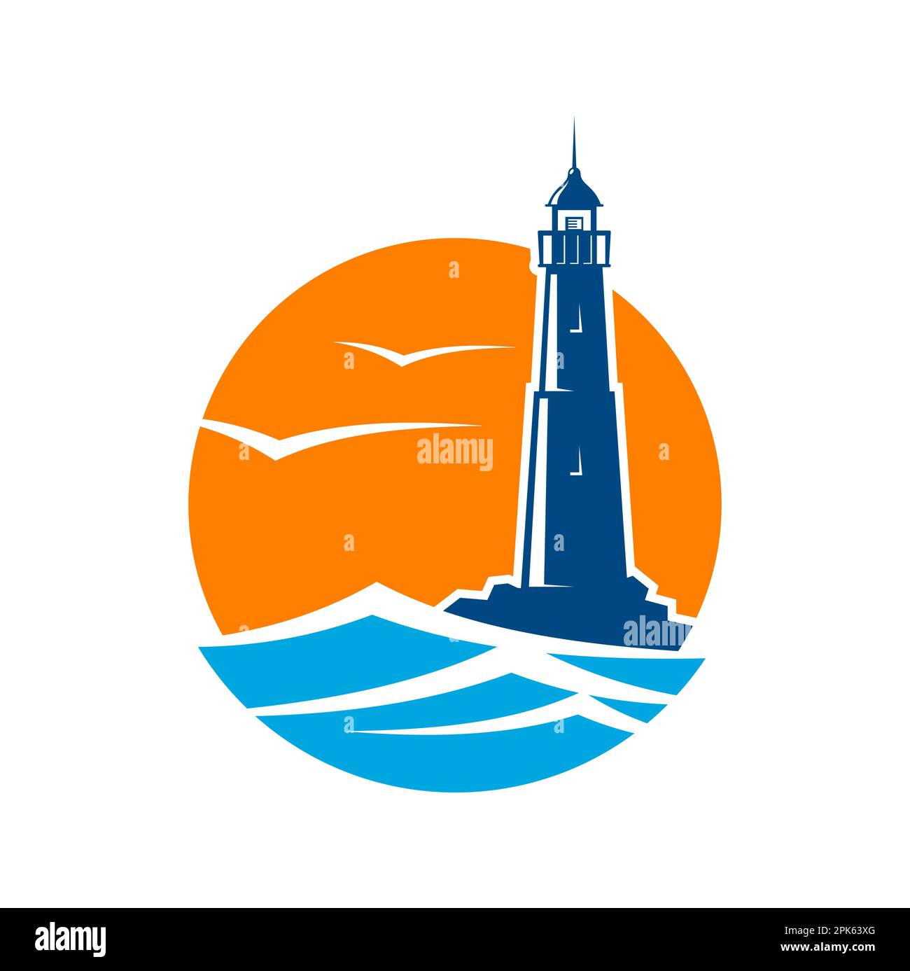Lighthouse beacon icon of sea light house with seagulls over ocean ...