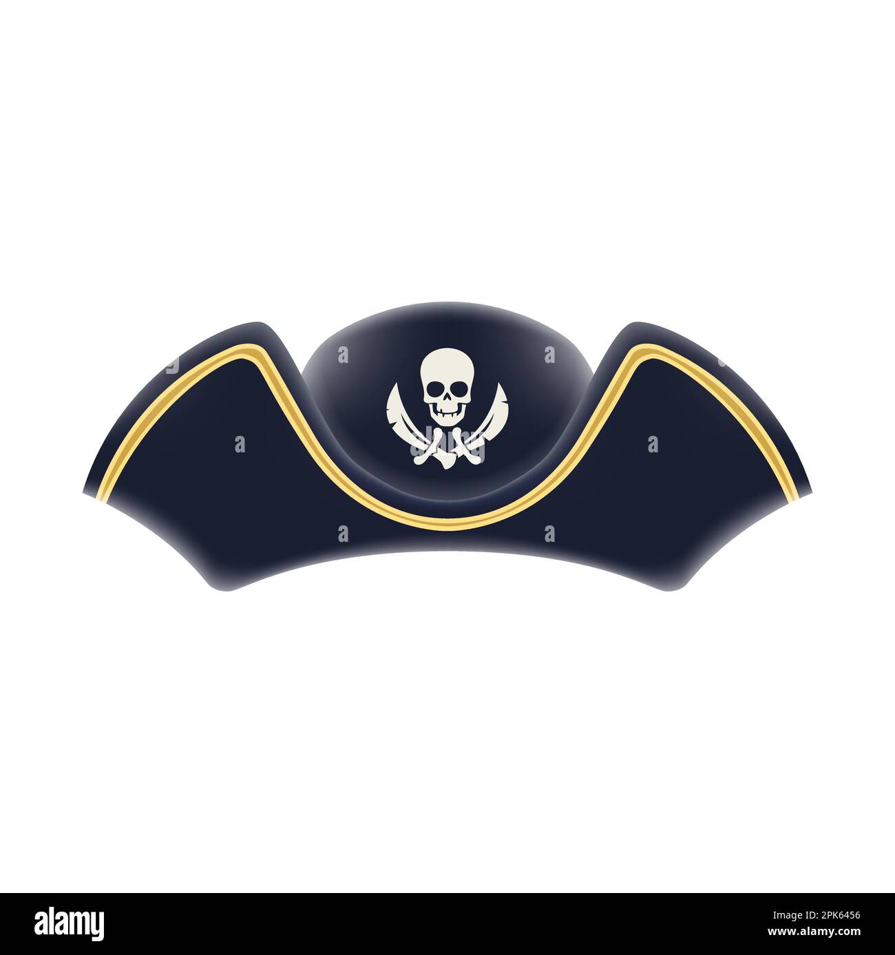 Cartoon pirate captain tricorn cocked hat with vector skull and crossed sabers. Black hat of ...