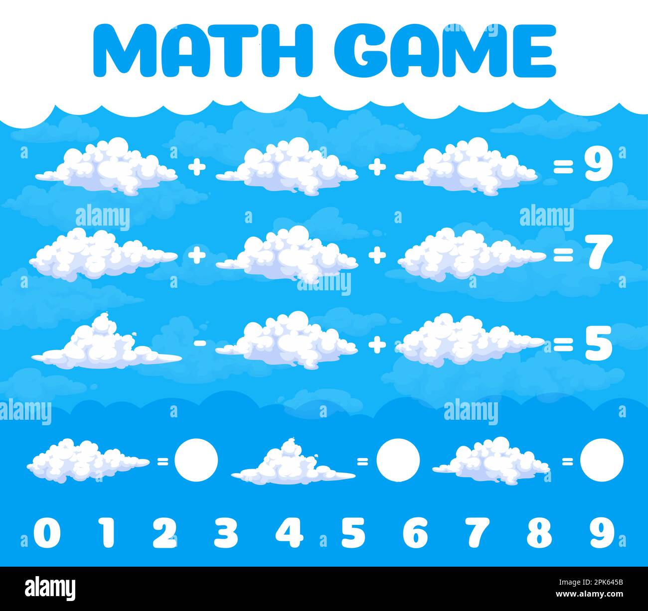 Cartoon white clouds in blue sky math game worksheet. Vector ...