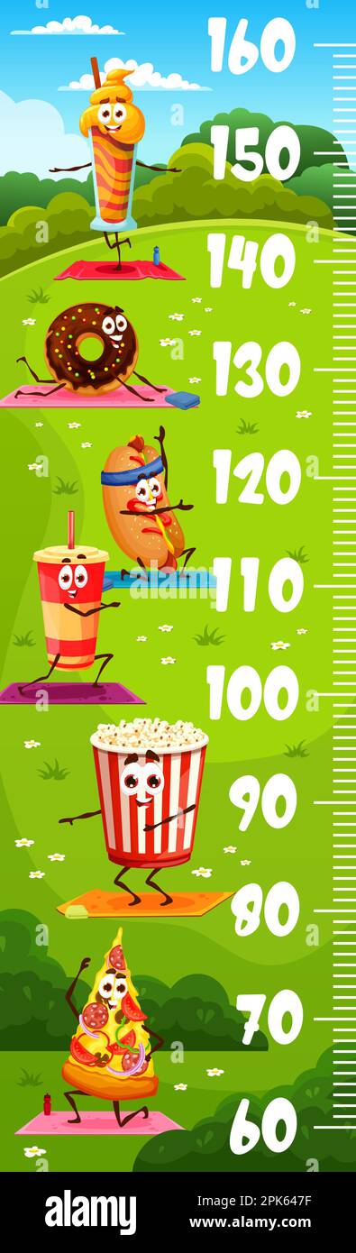 Kids height chart ruler. Cartoon fast food yoga characters of child ...