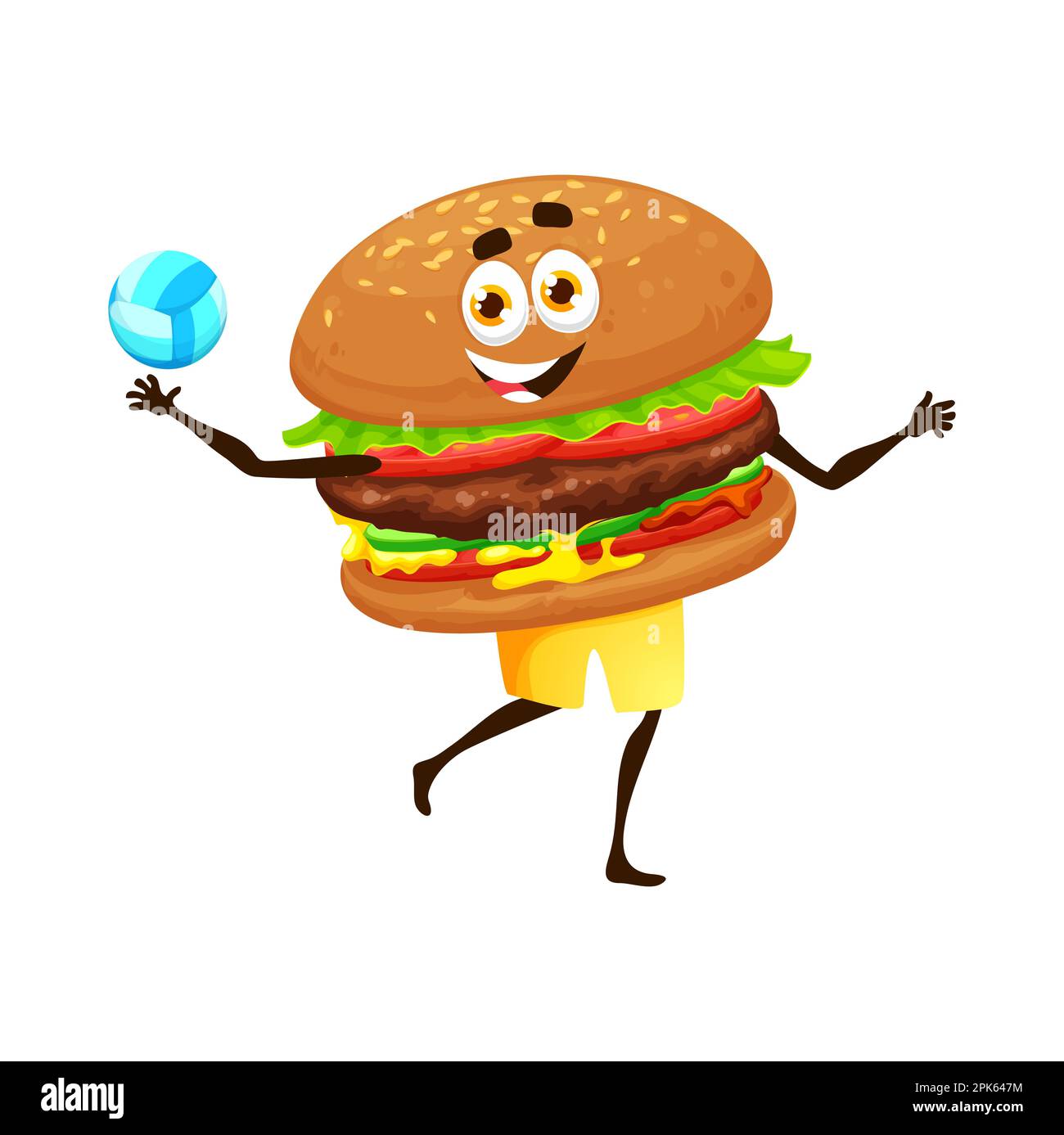 Cartoon hamburger character playing volleyball, funny fast food on ...