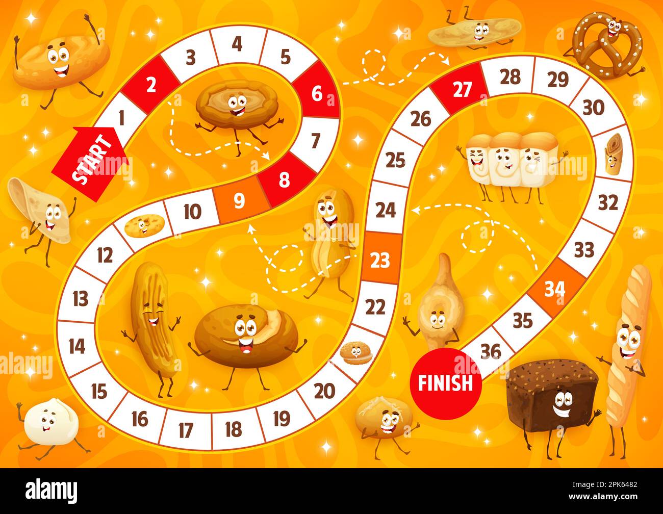 Kids board game. Cartoon bakery, pastry and bread characters. Dice ...