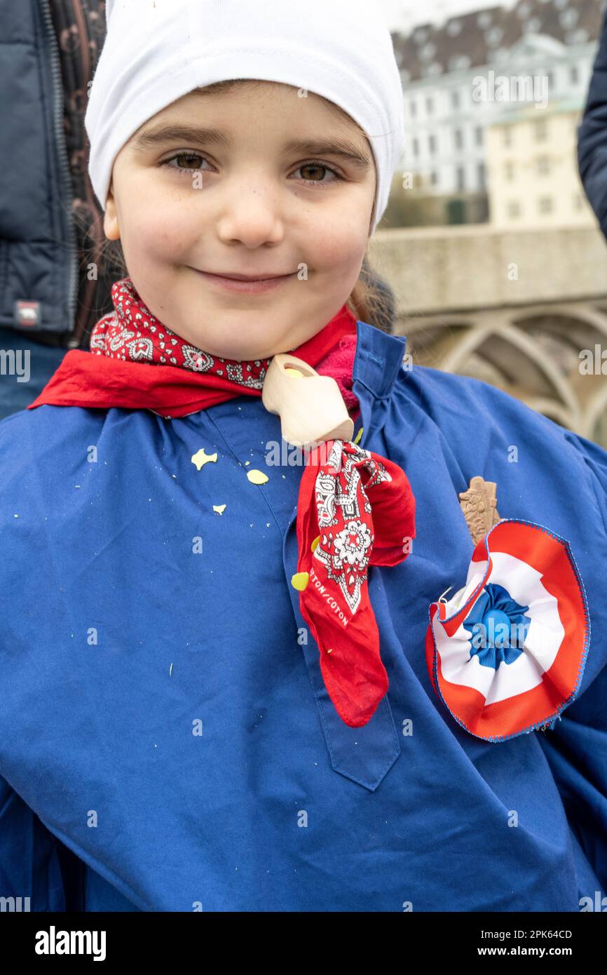 young boy in French Costume at the Basel Fasnacht parade in Switzerland ...