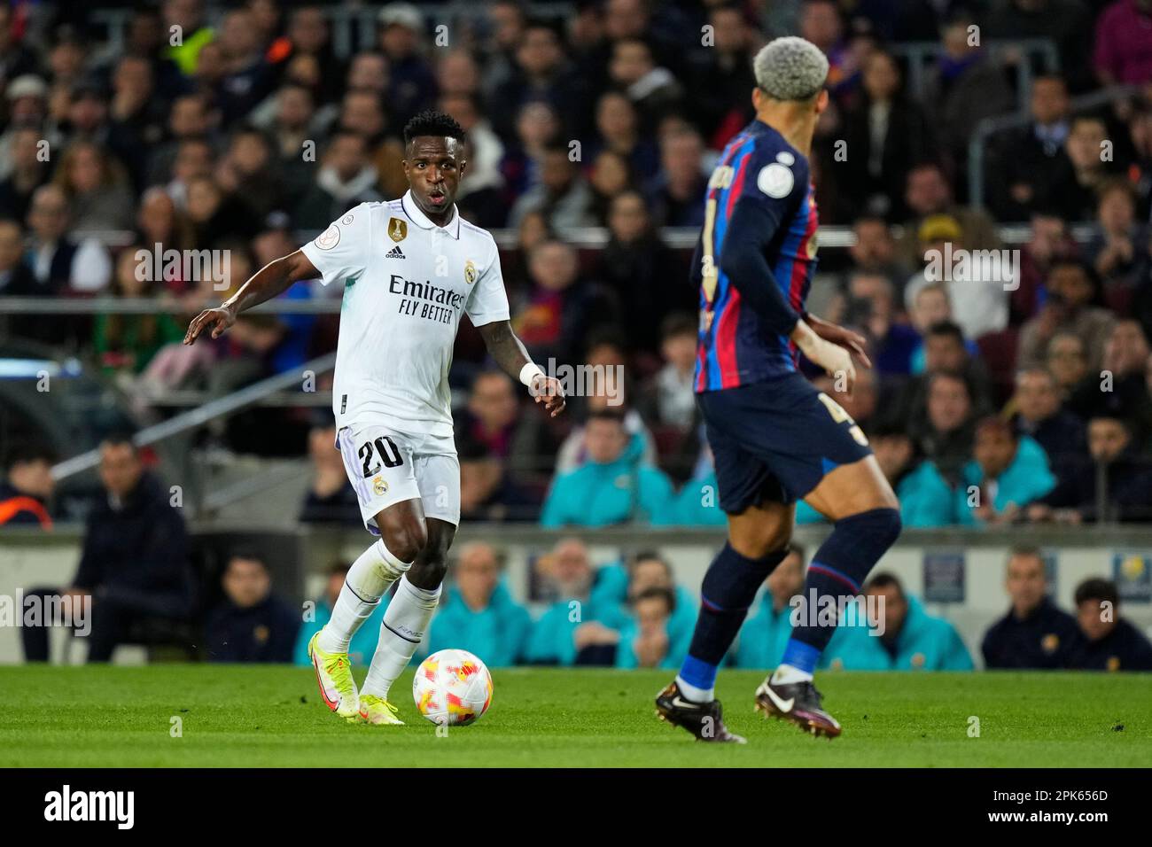 Barcelona, Spain. 5th Apr, 2023. Vinicius Jr (Real Madrid CF) duels for ...