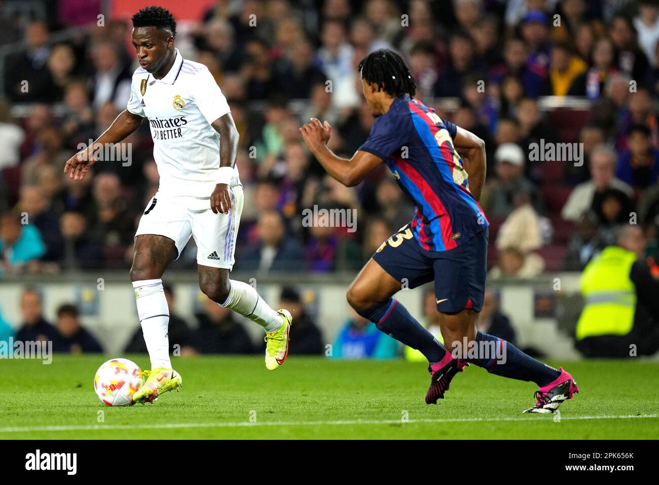Barcelona, Spain. 5th Apr, 2023. Vinicius Jr (Real Madrid CF) duels for ...