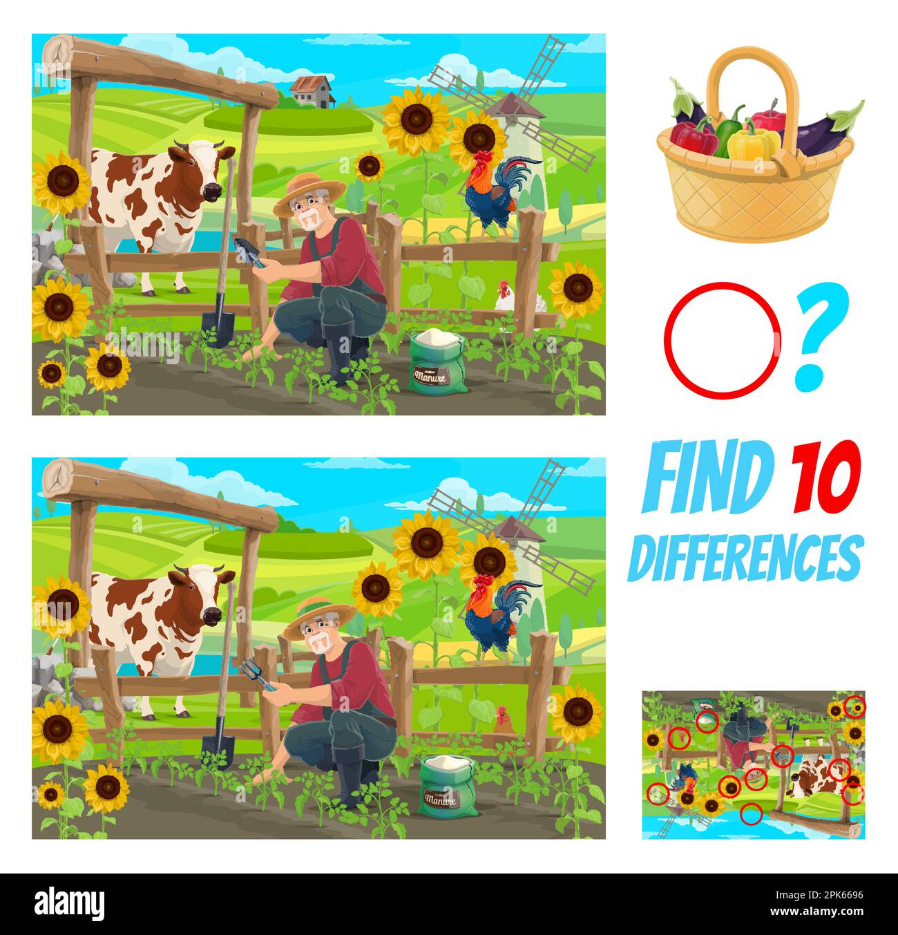 Find ten differences of farmer on field, kids game quiz and vector ...