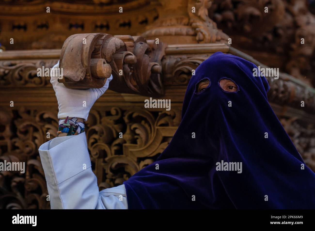 Madrid, Spain. 05th Apr, 2023. A penitent seen carrying the image of ...