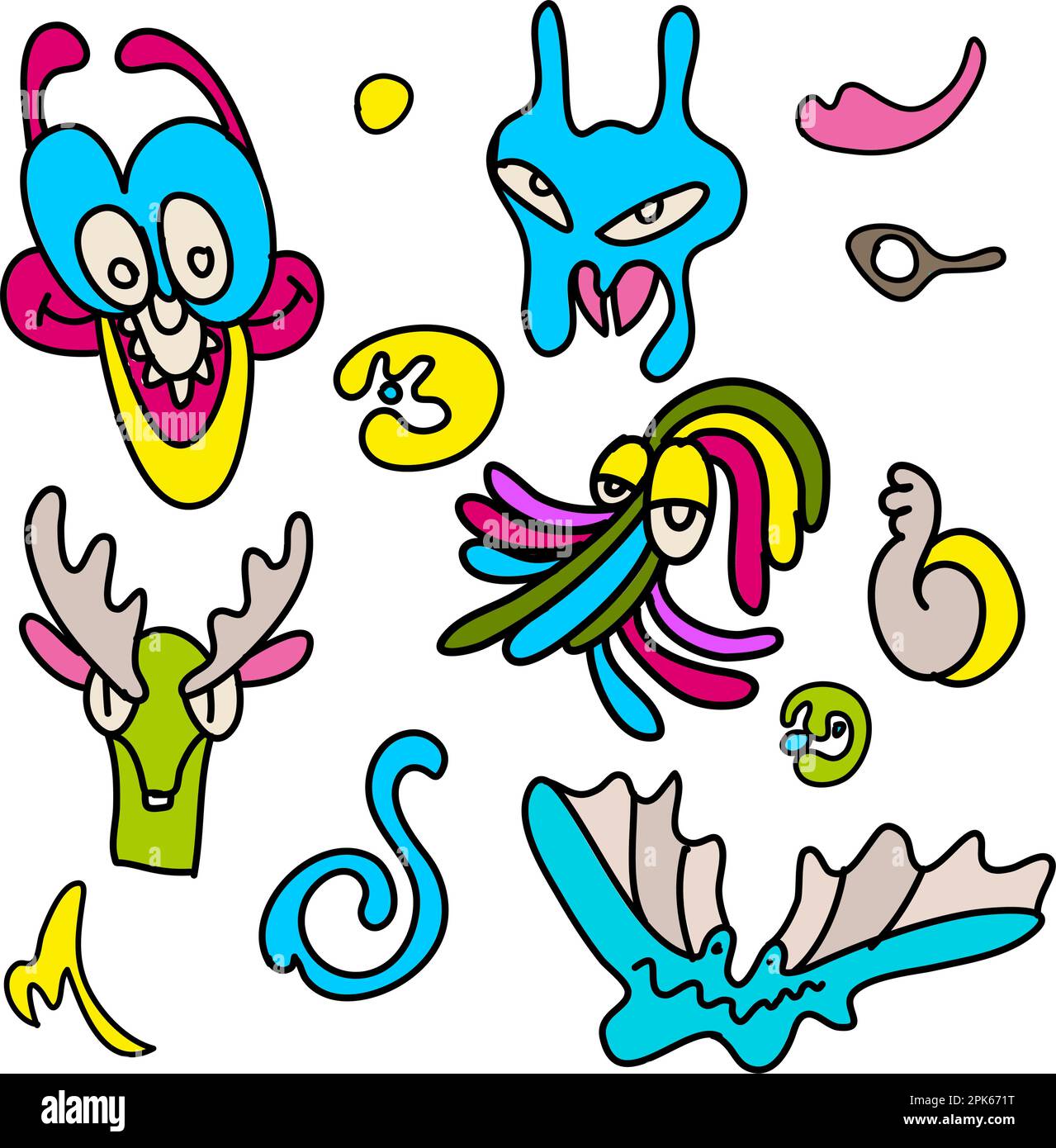 Collection of Funny Colorful Cartoon Doodle Illustrations. Set of ...