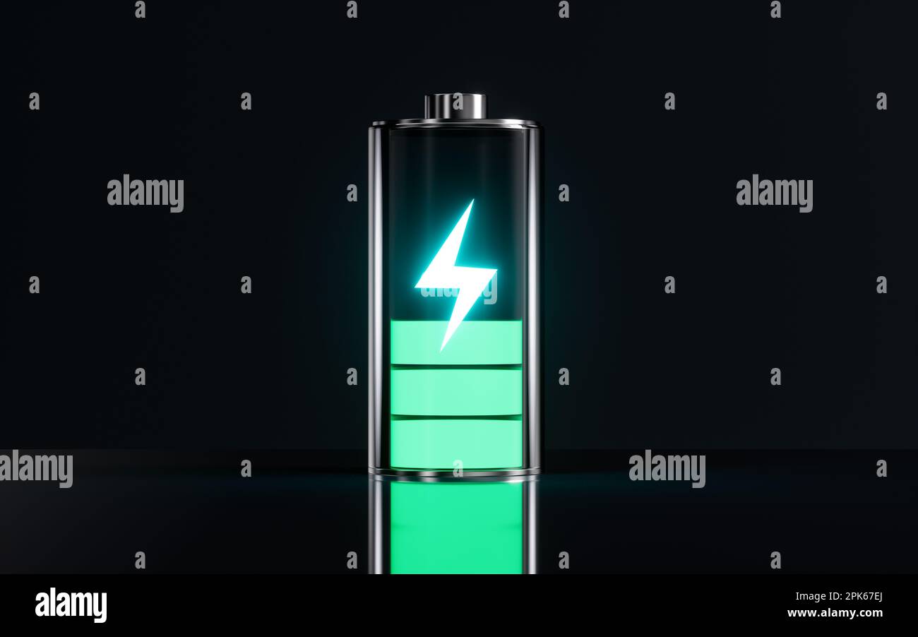 Battery with half energy and neon charge chart, 3d rendering. Digital ...