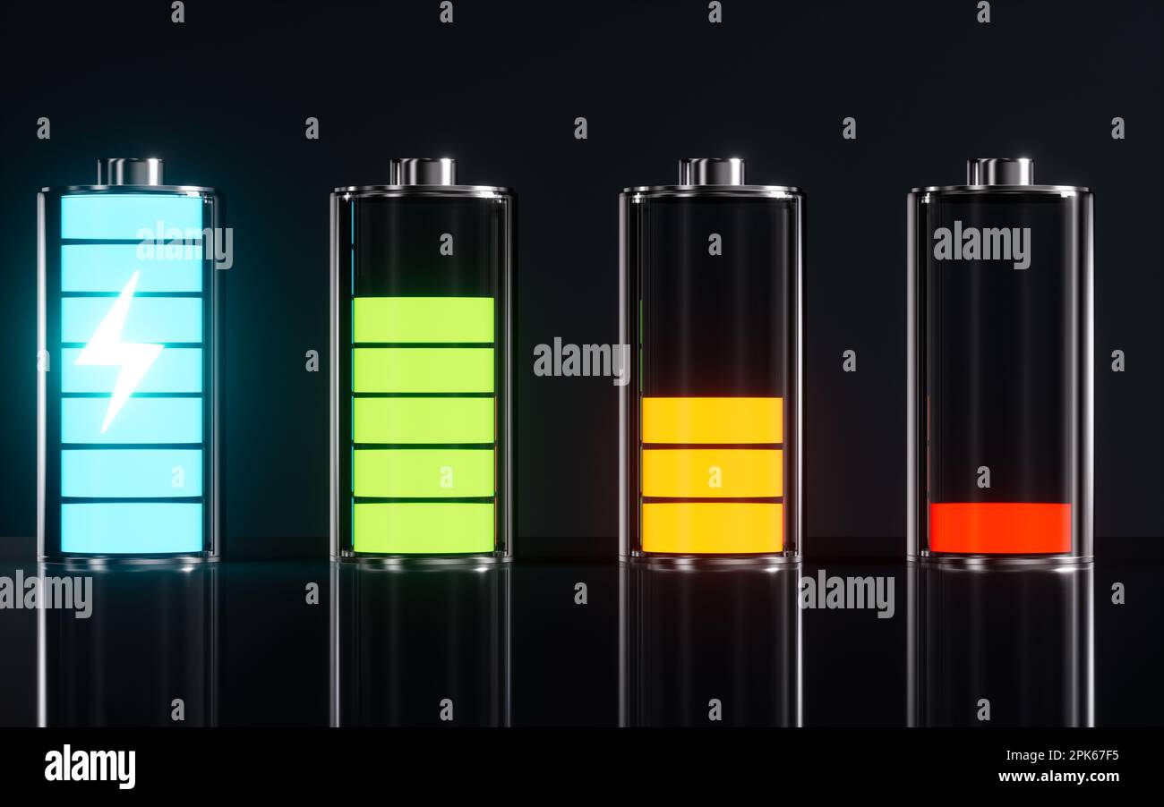 Various level energy alkaline batteries, 3d rendering. Digital drawing ...