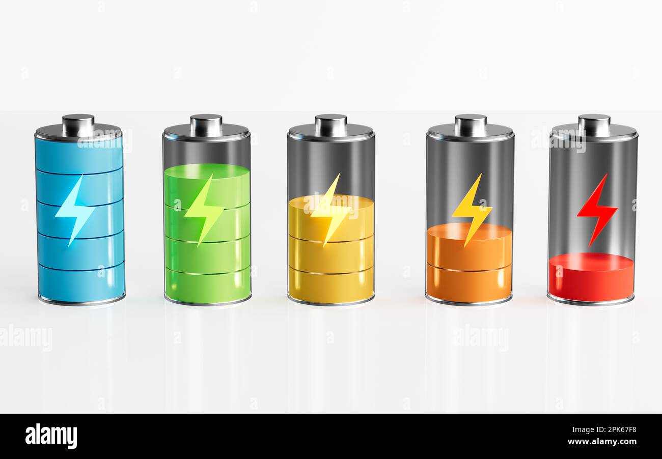 Various level energy alkaline batteries, 3d rendering. Digital drawing ...