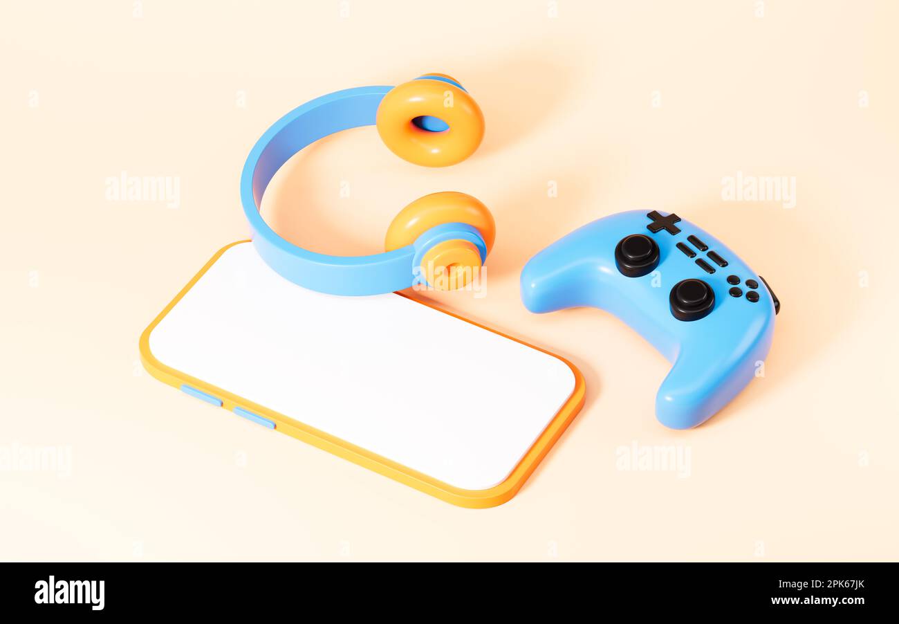 Cartoon gamepad and headset in the yellow background, 3d rendering ...