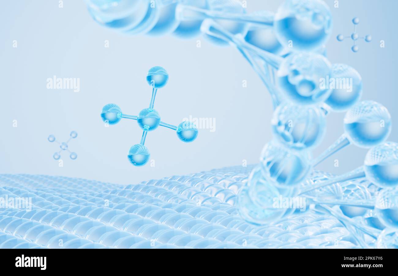 Floating molecules and DNA in the blue background, biology and cosmetic ...