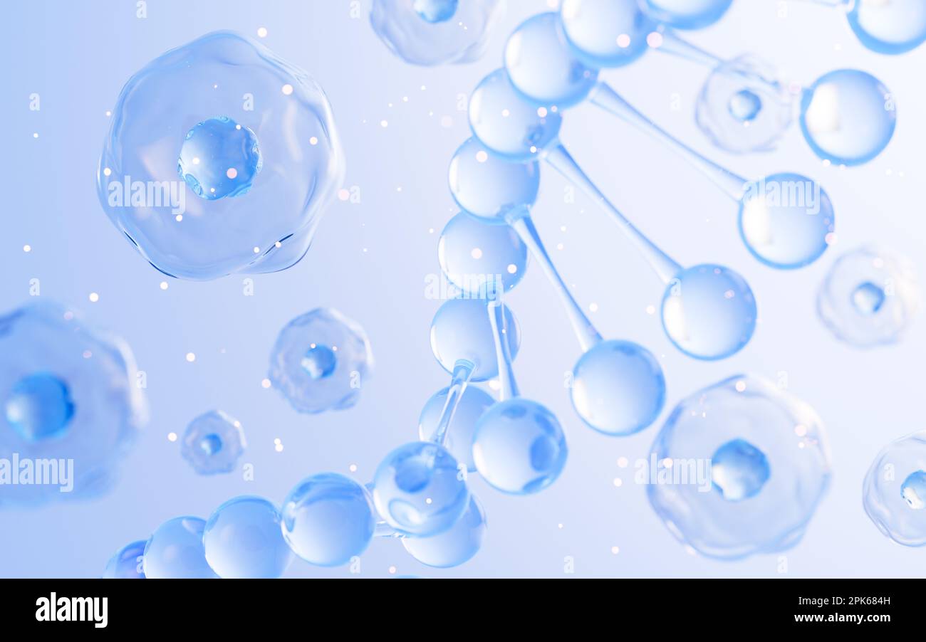 Floating cells and DNA in the blue background, skin treatment ...