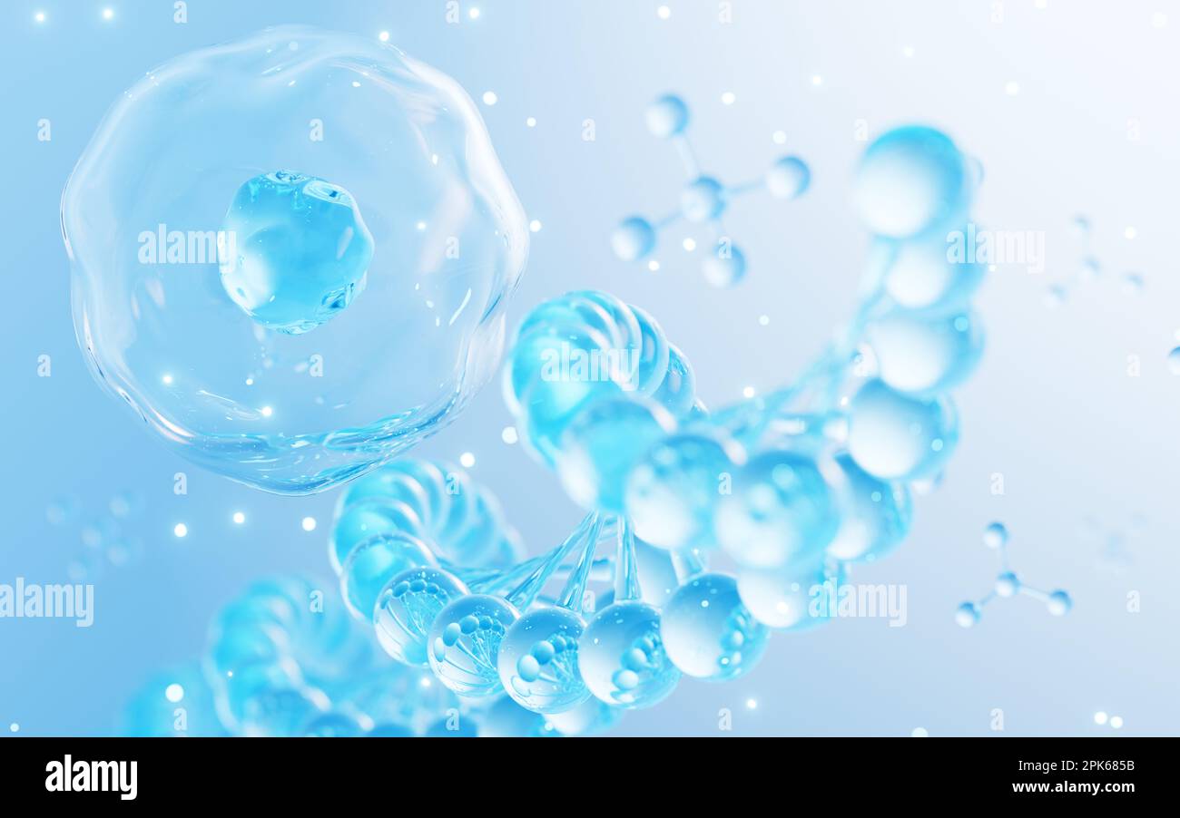 Floating cells and DNA in the blue background, skin treatment ...