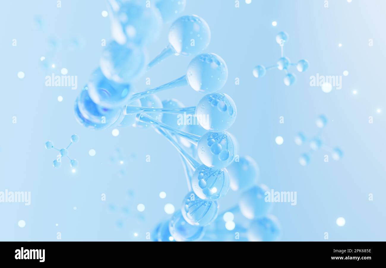 Floating molecules and DNA in the blue background, biology and cosmetic ...