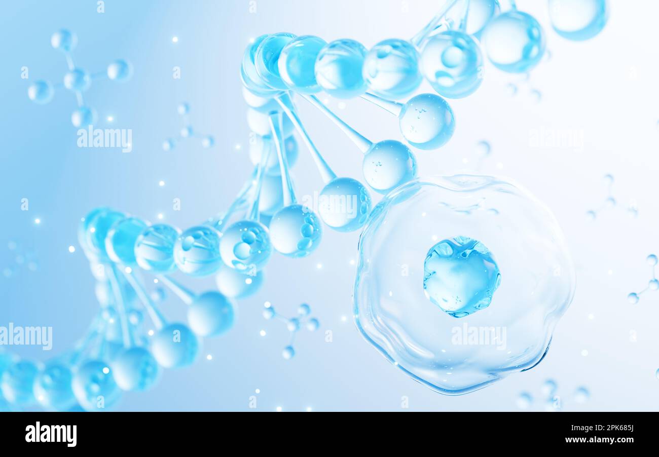 Floating cells and DNA in the blue background, skin treatment ...