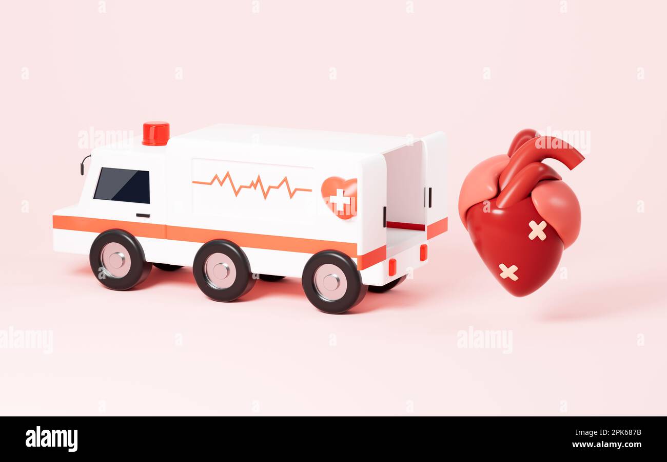 Ambulance and injured heart, heart health, heart treatment, 3d ...