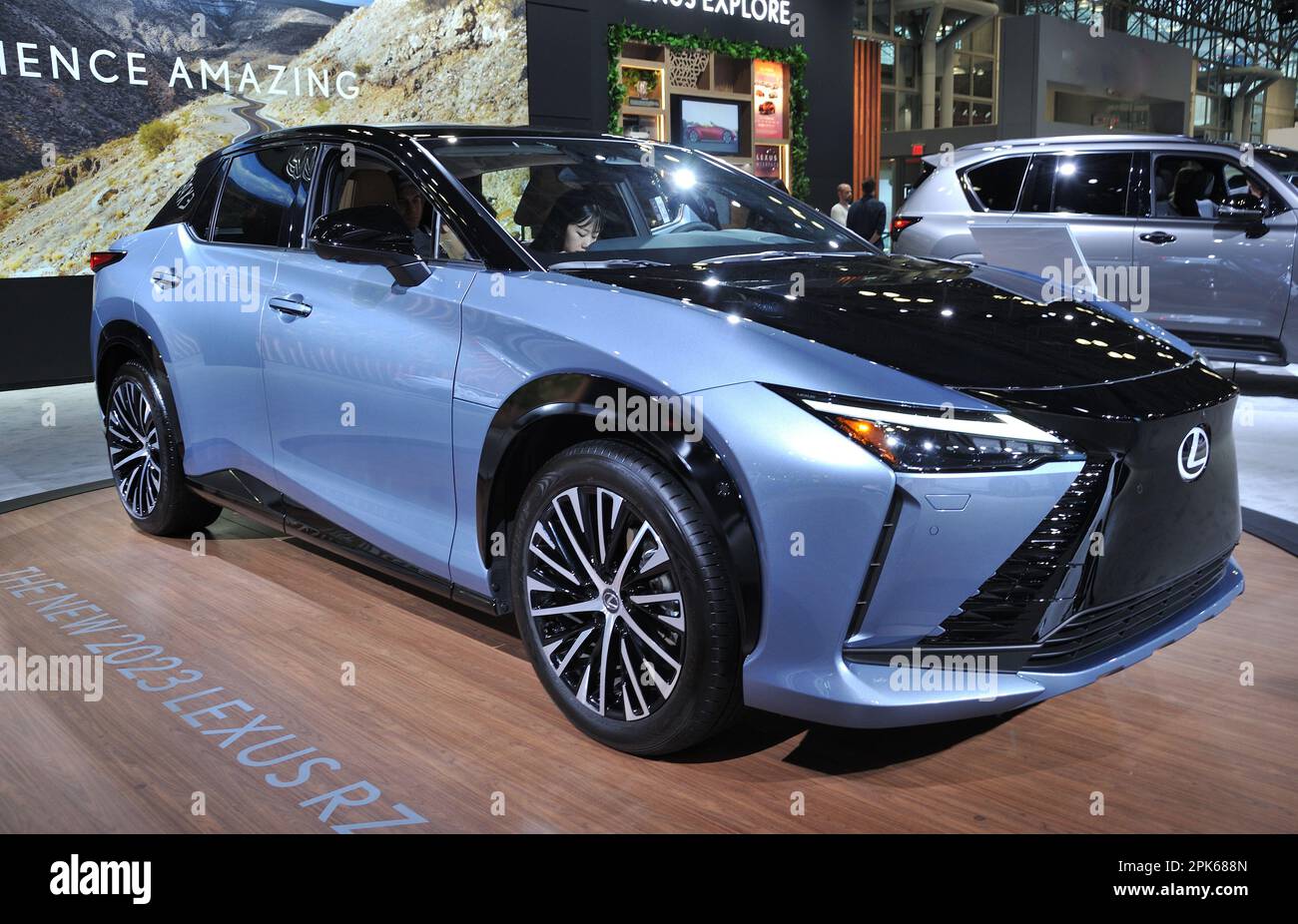 2023 Lexus RZ 450e on display at the 2023 NY International Auto Show at the Javits Center in New ...