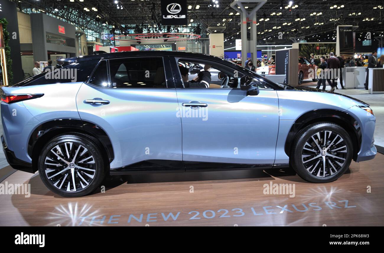2023 Lexus RZ 450e on display at the 2023 NY International Auto Show at the Javits Center in New ...