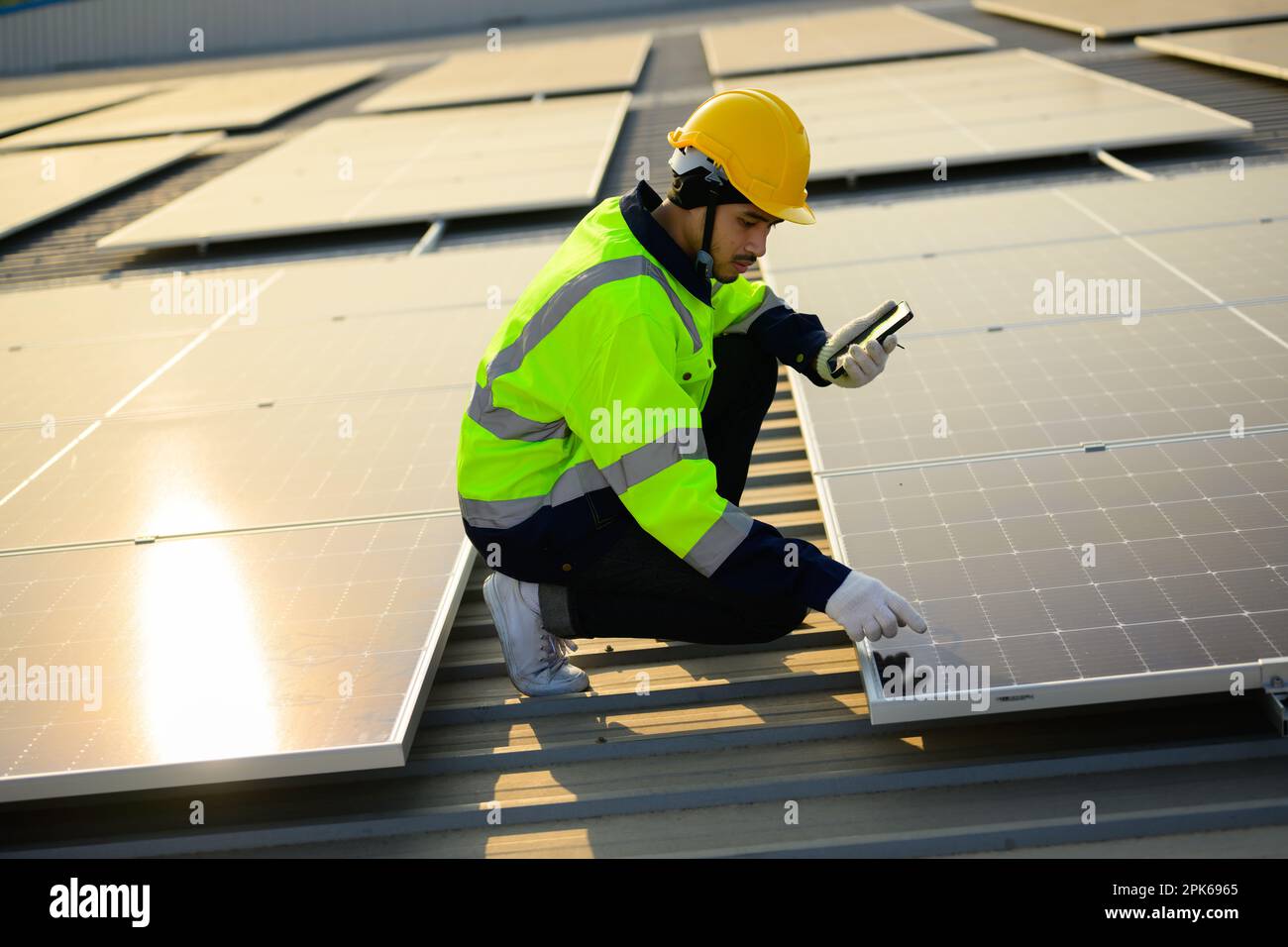 Professional engineer technician with safety helmet checking system ...