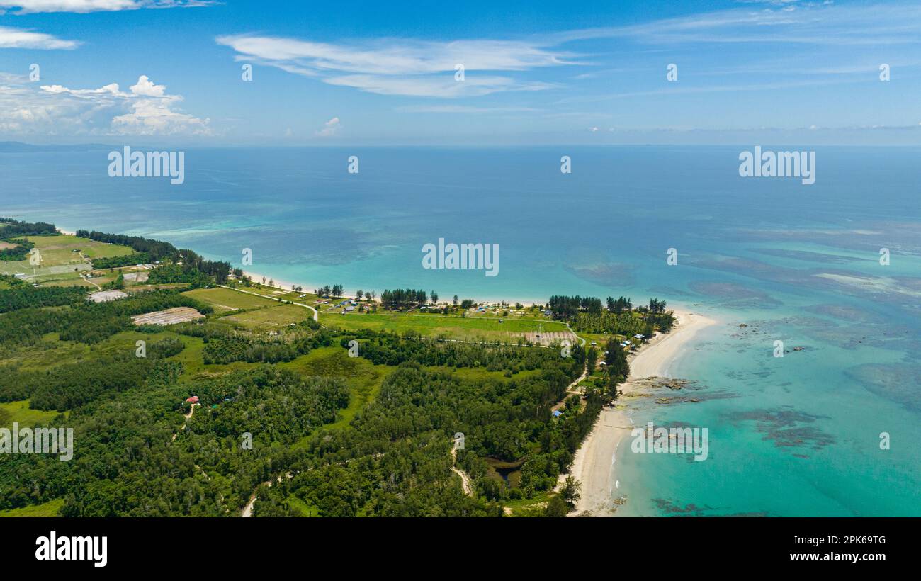 A tropical beach with palm trees and a blue ocean. Borneo, Malaysia ...