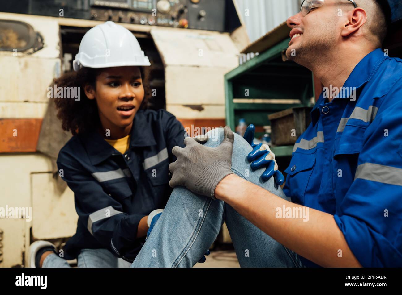 Engineer worker with accident at factory, Injury from machine working ...
