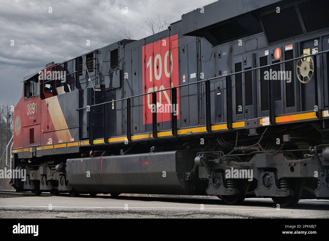 Dundee, Illinois, USA. A Canadian National Railway locomotive leads an ...